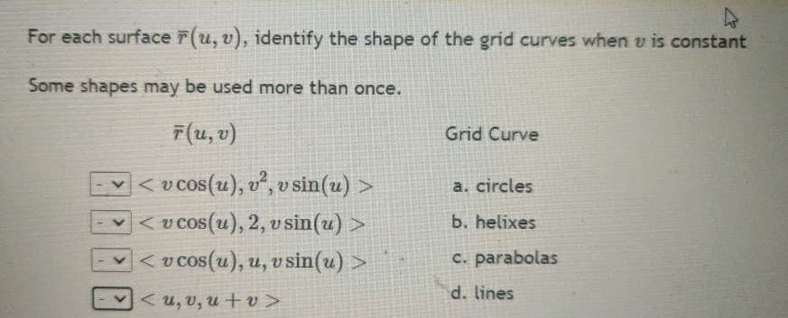 Solved For each surface ?bar (r)(u,v), ﻿identify the shape | Chegg.com