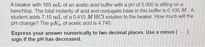 Solved A beaker with 165 mL of an acetic acid buffer with a | Chegg.com