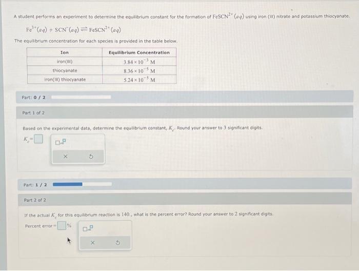 Solved Fe3+(aq)+SCN−(aq)⇌FeSCN2+(aq) The equilibrium | Chegg.com