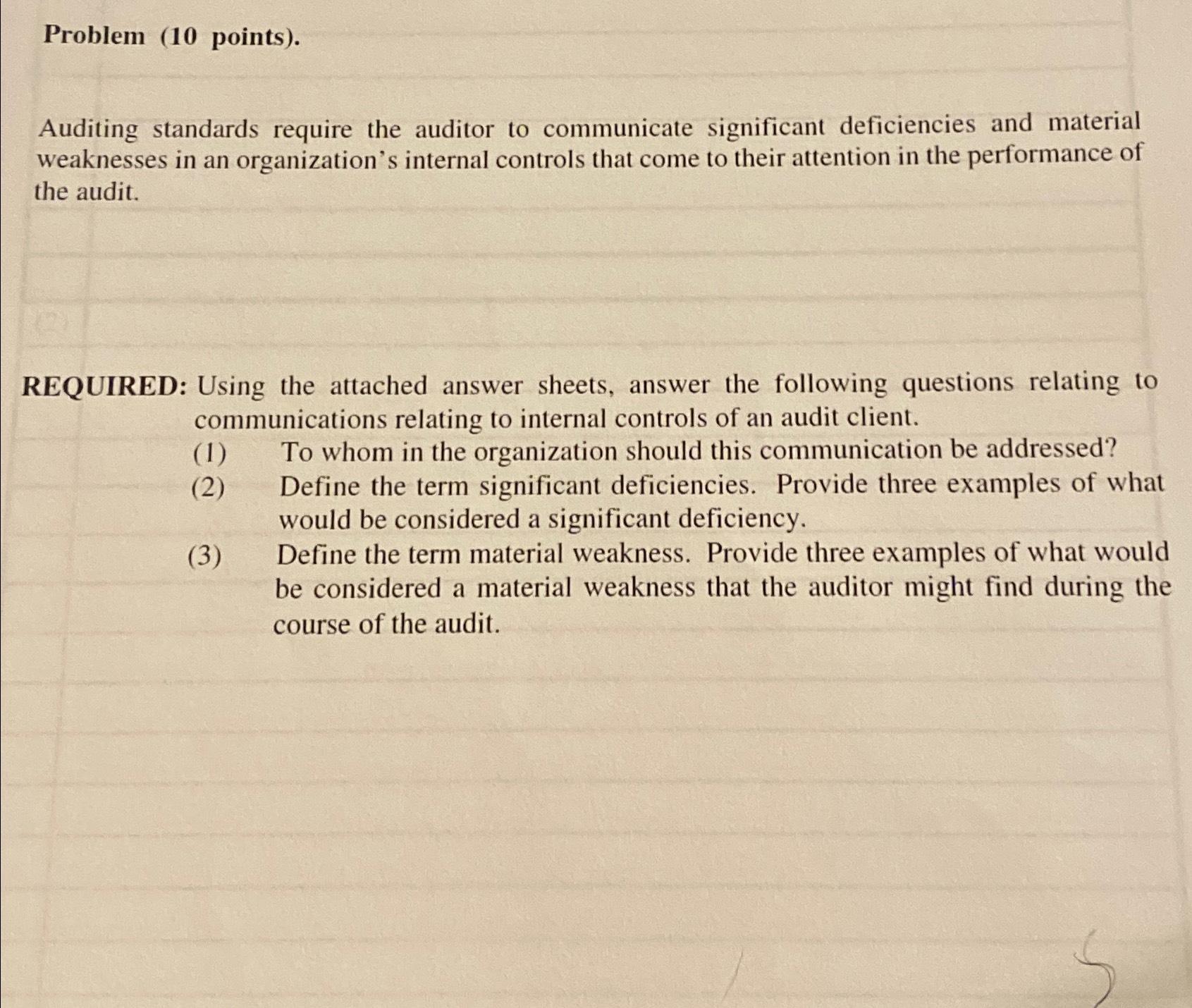 Solved Problem (10 ﻿points).Auditing standards require the | Chegg.com