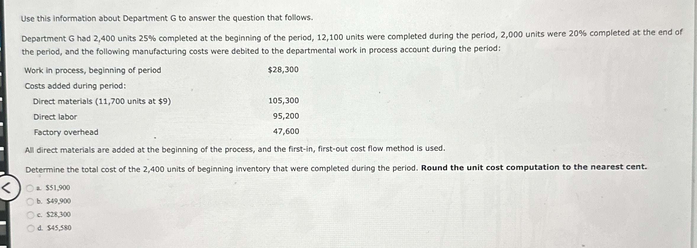 Solved Use this information about Department G ﻿to answer | Chegg.com