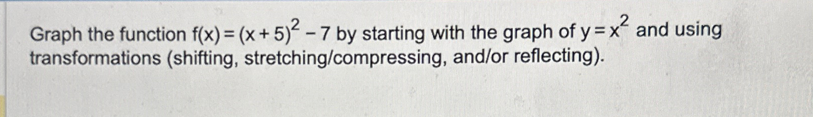 Solved Graph the function f(x)=(x+5)2-7 ﻿by starting with | Chegg.com