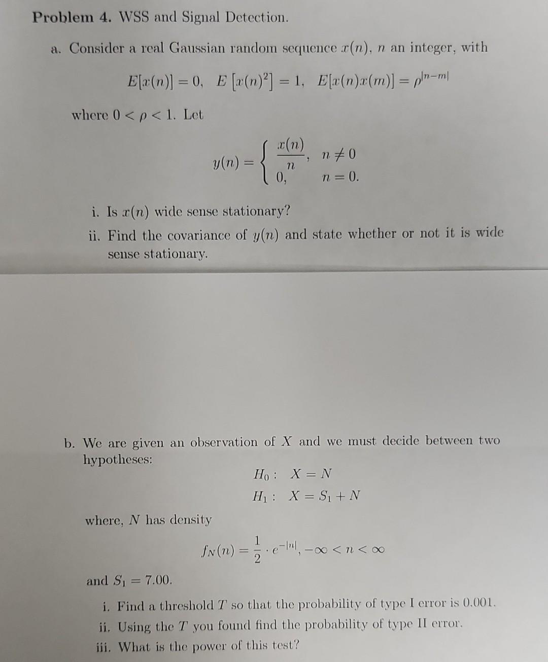 Solved Problem 4. WSS and Signal Detection. a. Consider a | Chegg.com