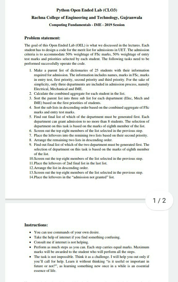 Python Open Ended Lab (CL03) Rachna College of | Chegg.com