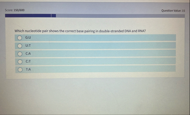 Solved Score: 150/600Question Value: 15Which nucleotide pair | Chegg.com