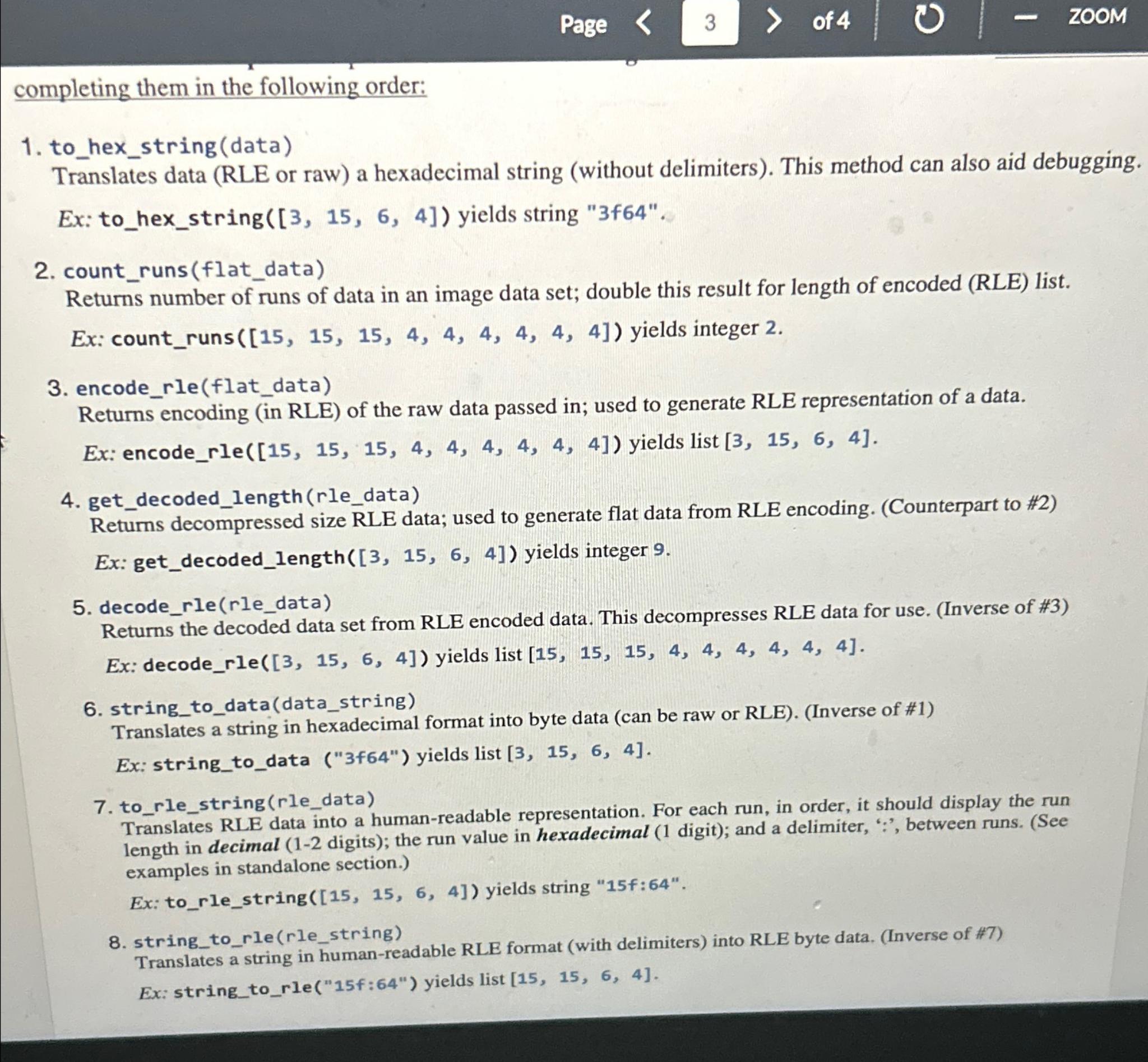 Solved Pageof 4ZOOMto_hex_string(data)Translates data (RLE | Chegg.com