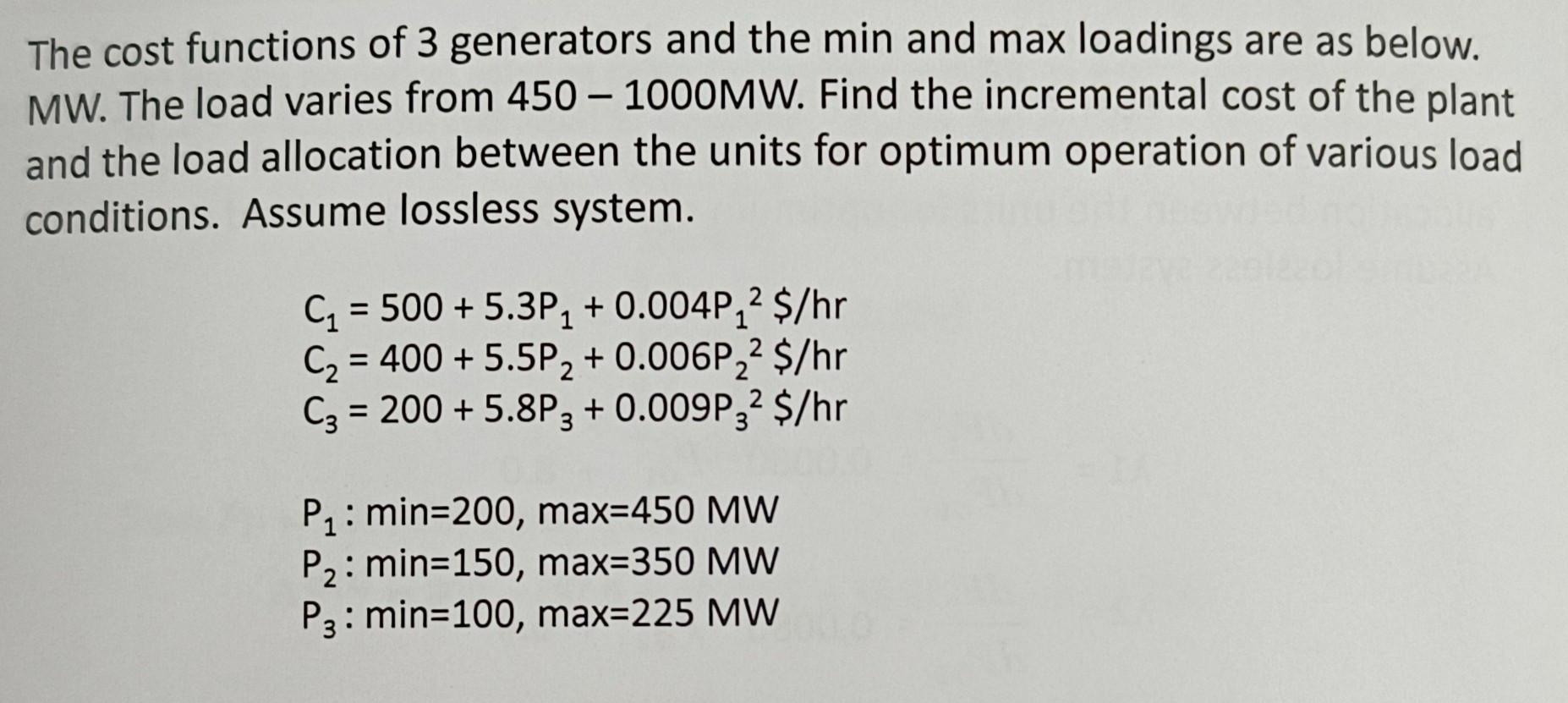 Solved The cost functions of 3 generators and the min and | Chegg.com