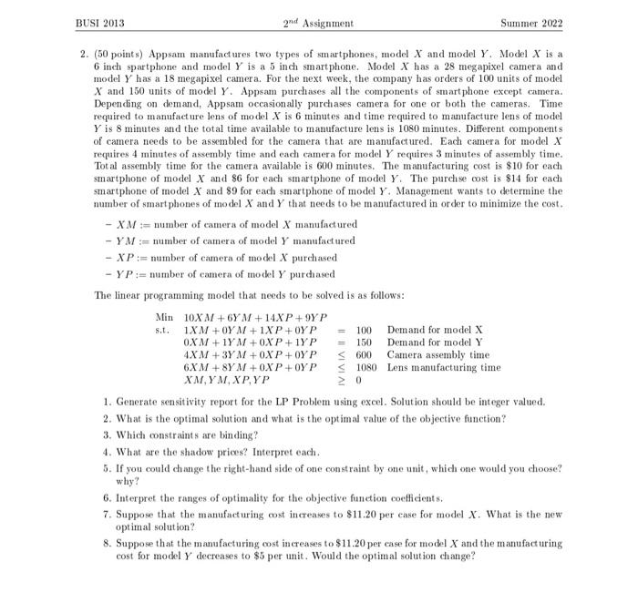 Solved 2. (50 points) Appsam manufactures two types of | Chegg.com