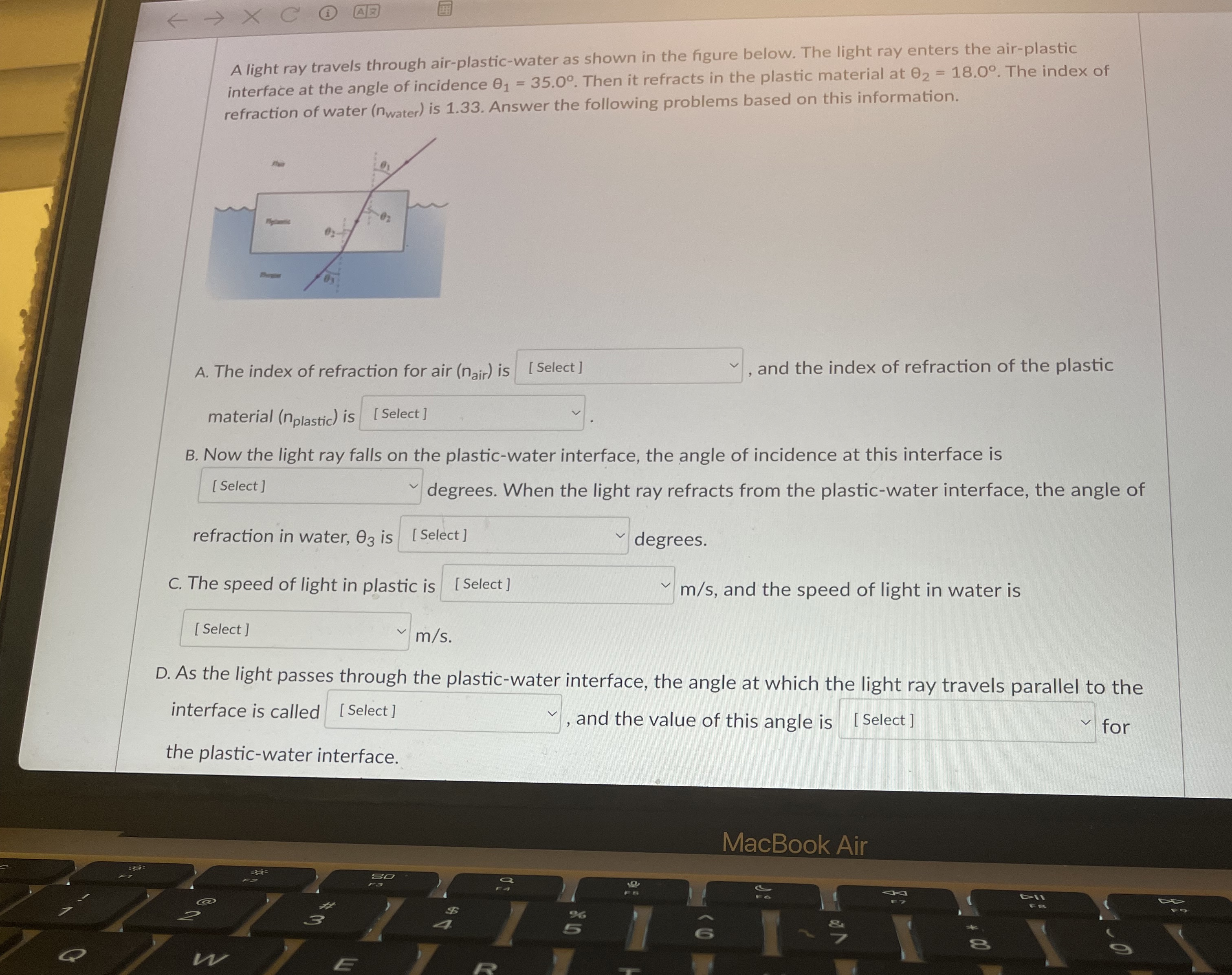 A light ray travels through air-plastic-water as | Chegg.com