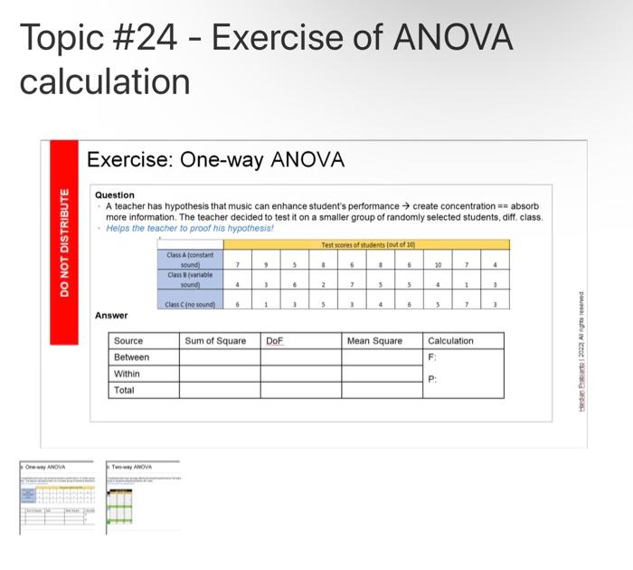 Solved - Topic #24 - Exercise of ANOVA calculation Exercise: | Chegg.com