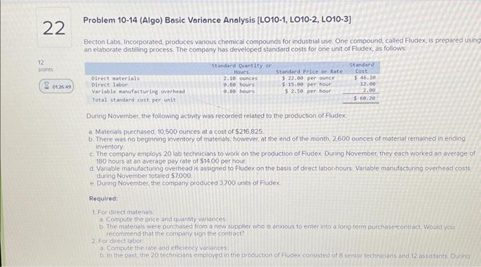 Solved Problem 10-14 (Algo) Basic Variance Analysis [LO10-1, | Chegg.com