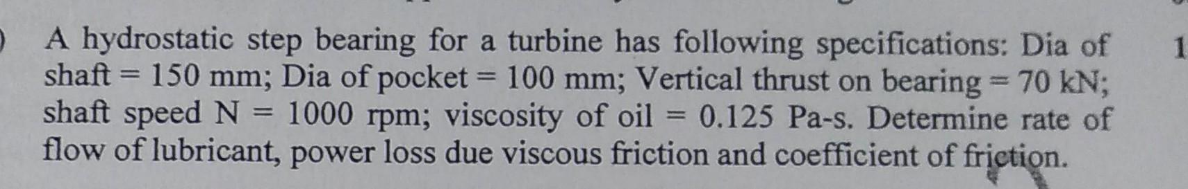 Solved A hydrostatic step bearing for a turbine has | Chegg.com