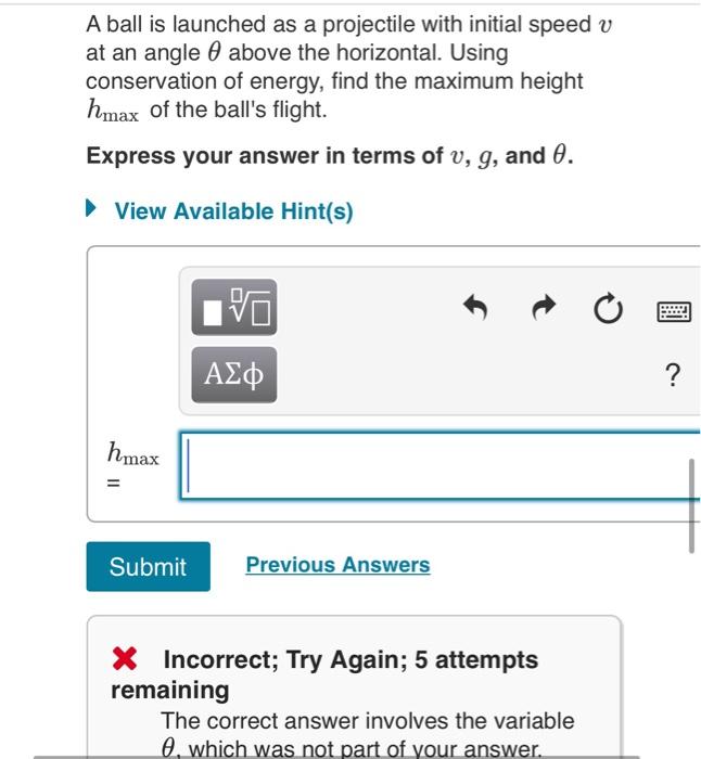 Solved A ball is launched as a projectile with initial speed | Chegg.com