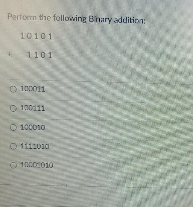Solved Perform the following Binary addition: 10 101 1101 | Chegg.com