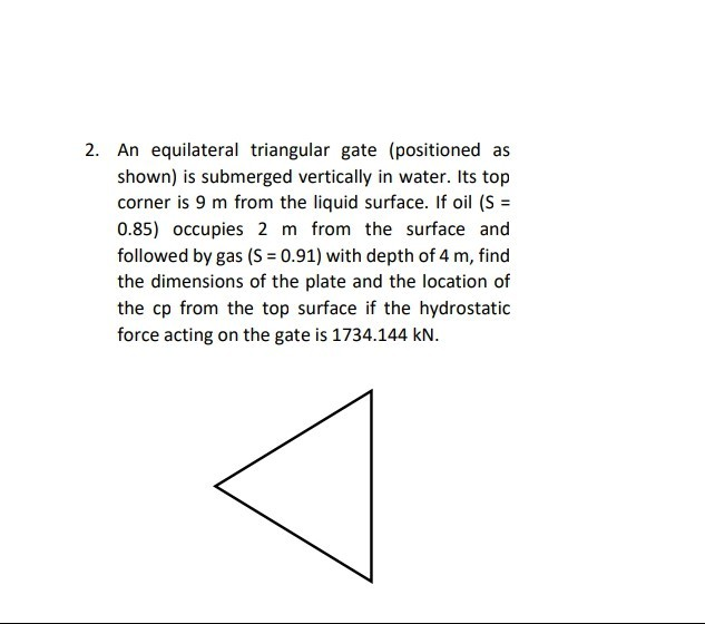 Solved 2. An equilateral triangular gate (positioned as | Chegg.com