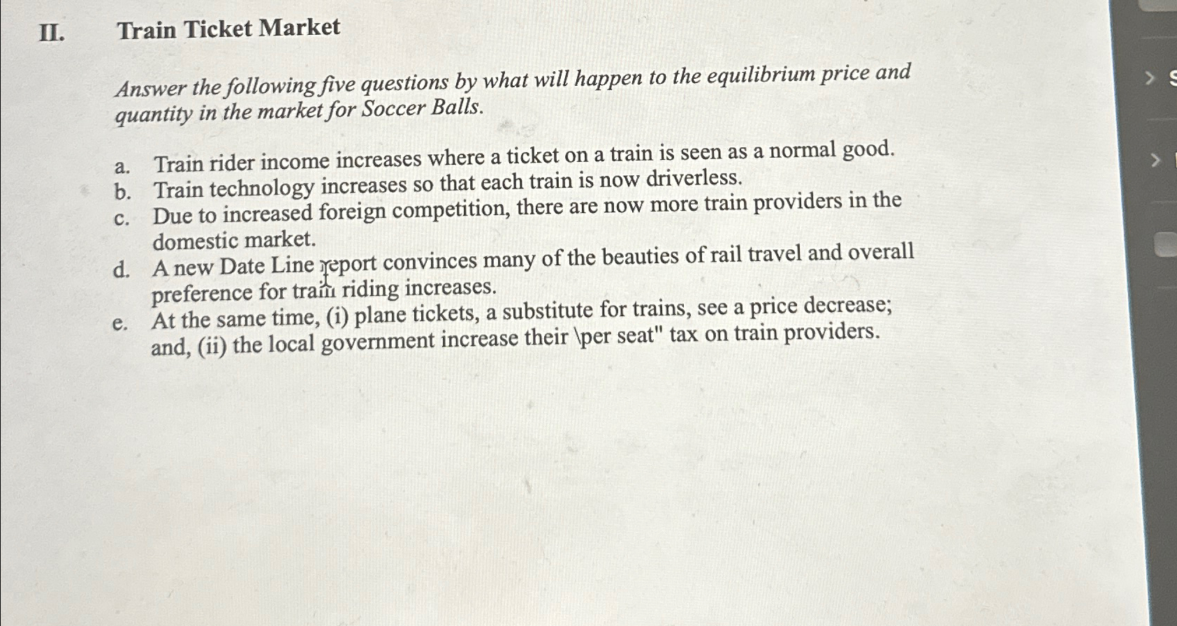 Solved II. ﻿Train Ticket MarketAnswer the following five | Chegg.com