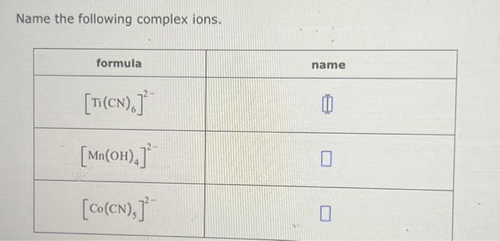 Solved Name the following complex ions. | Chegg.com