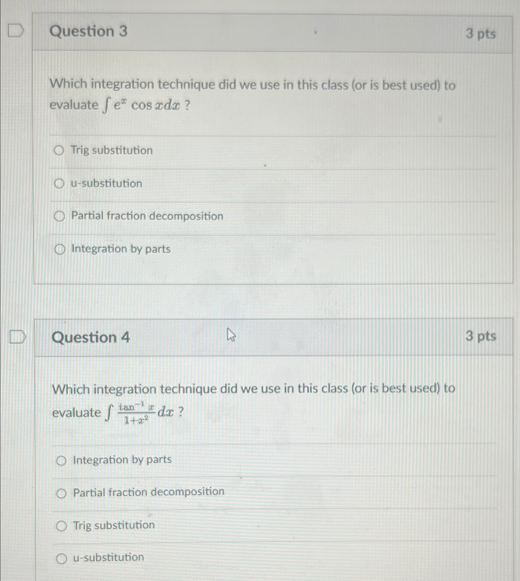 Solved Question 33ptsWhich integration technique did we use | Chegg.com