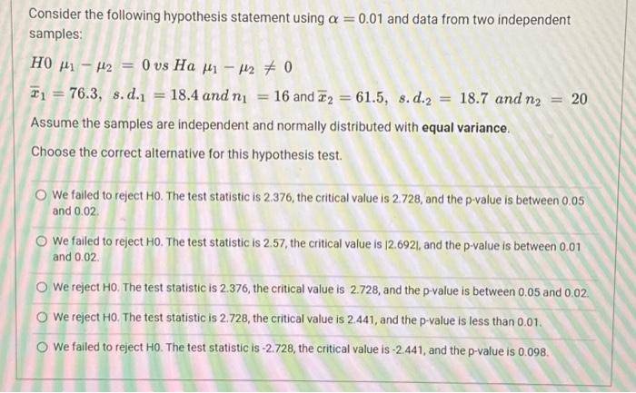 Solved Consider the following hypothesis statement using | Chegg.com