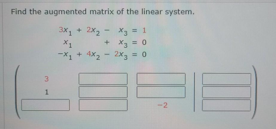 Solved Find the augmented matrix of the linear system. 3x4 + | Chegg.com