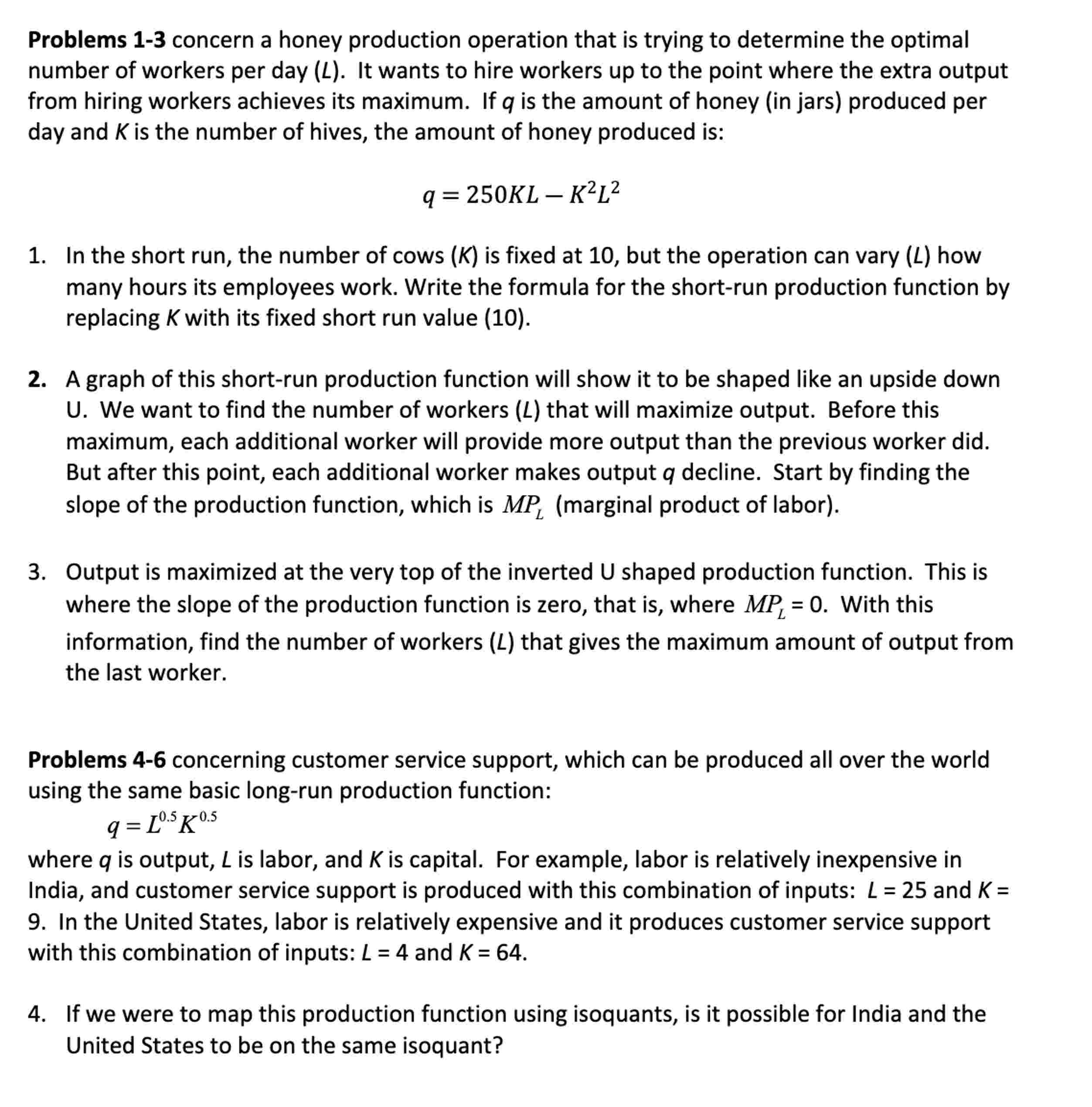 Solved Problems 1-3 ﻿concern a honey production operation | Chegg.com