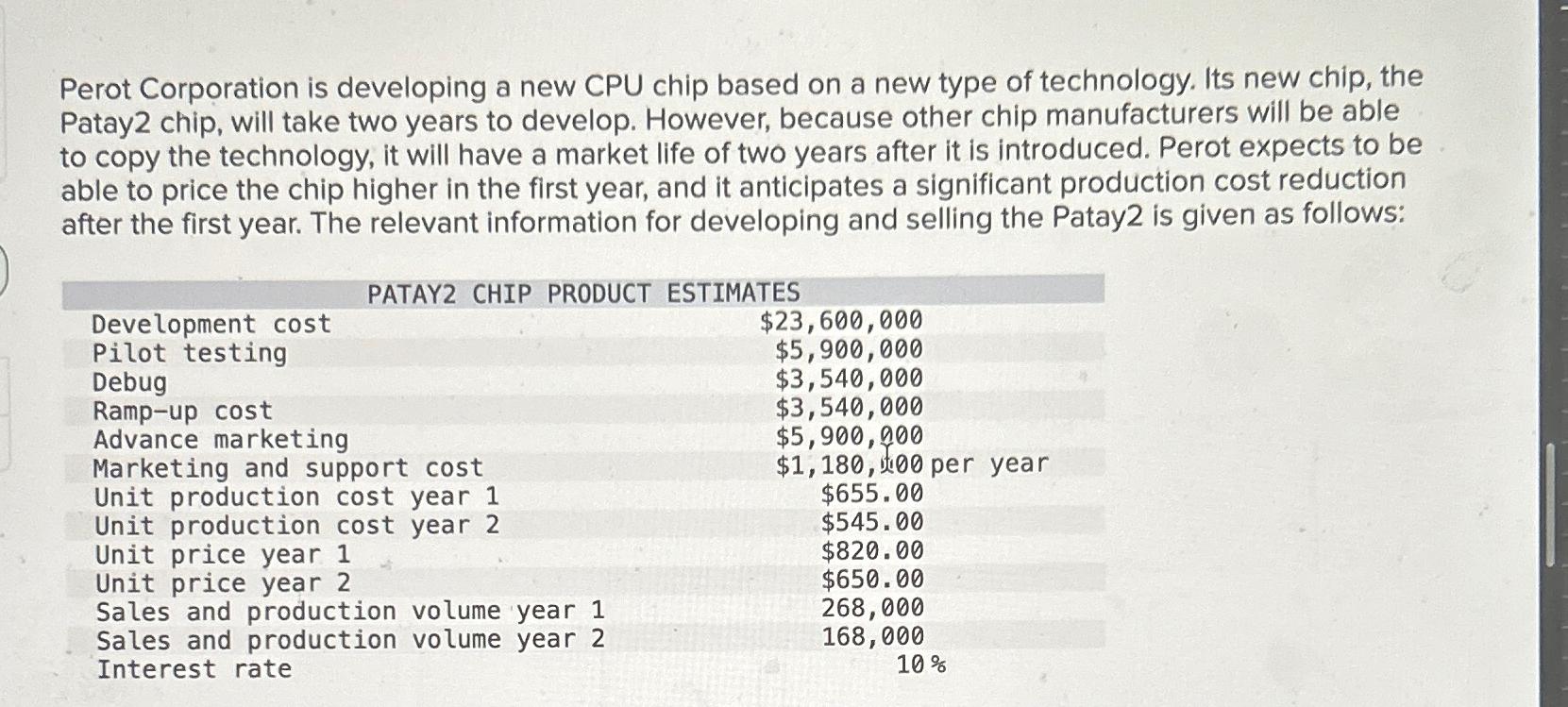 Solved Perot Corporation is developing a new CPU chip based | Chegg.com