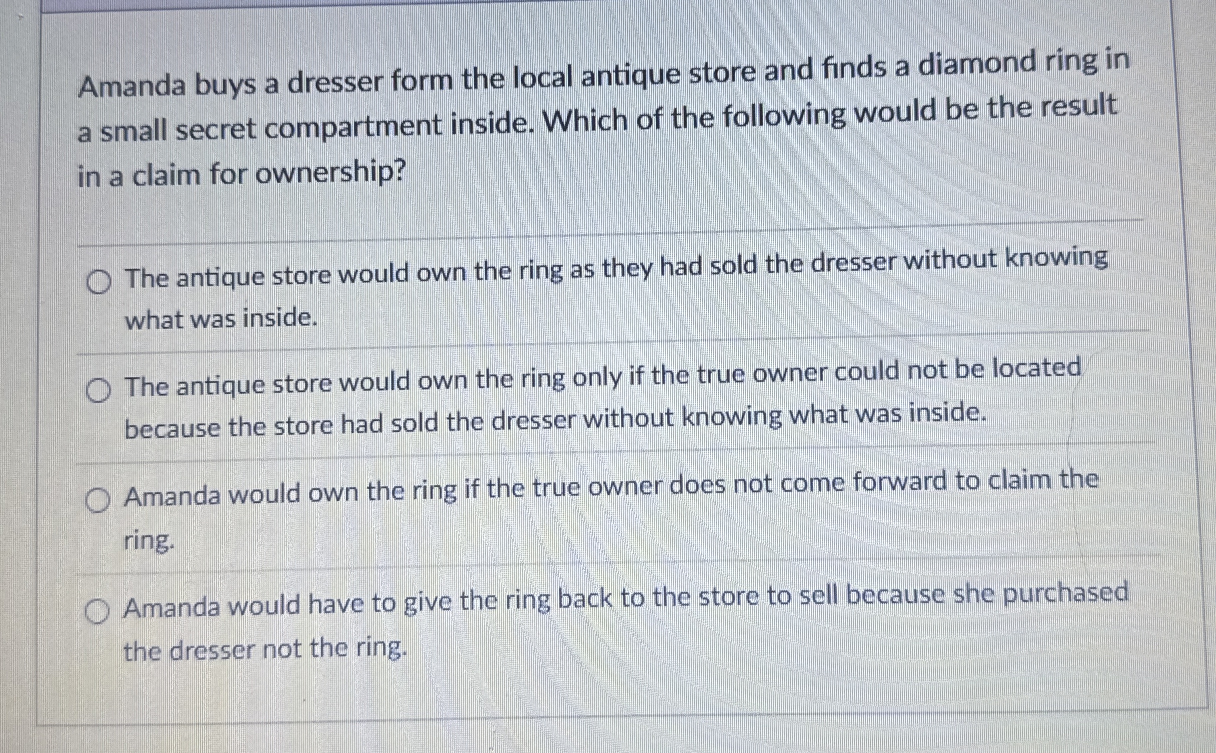Solved Amanda buys a dresser form the local antique store | Chegg.com