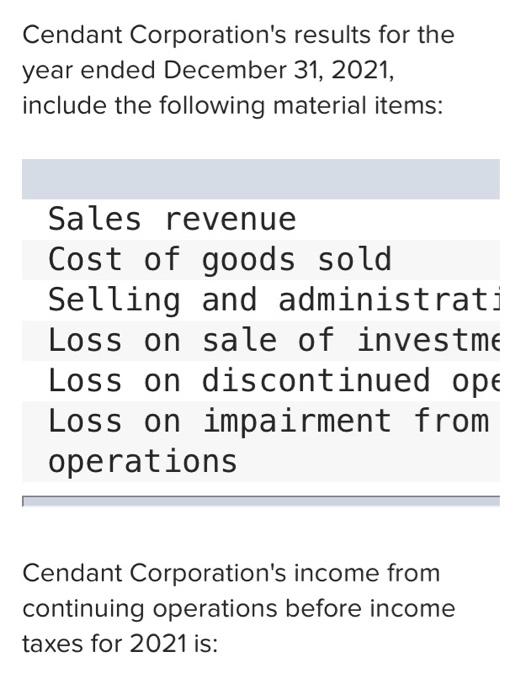Solved Cendant Corporation's results for the year ended | Chegg.com