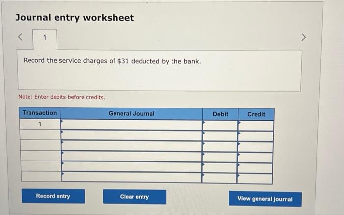 Solved Journal entry worksheet Record the service charges of | Chegg.com