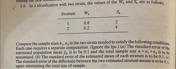Solved 5.8 In a stratification with two strata, the values | Chegg.com