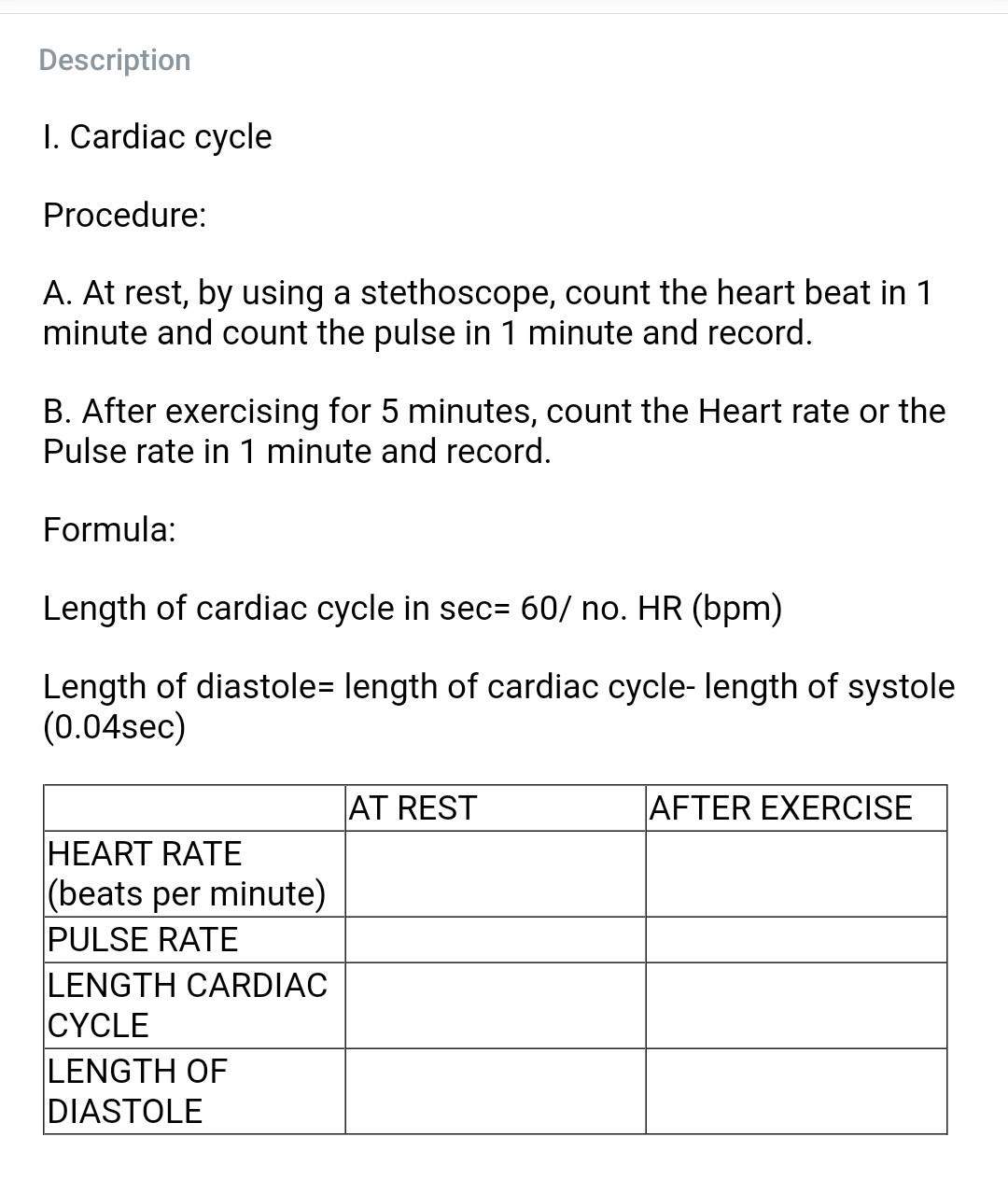 Solved Description 1. Cardiac cycle Procedure: A. At rest, | Chegg.com