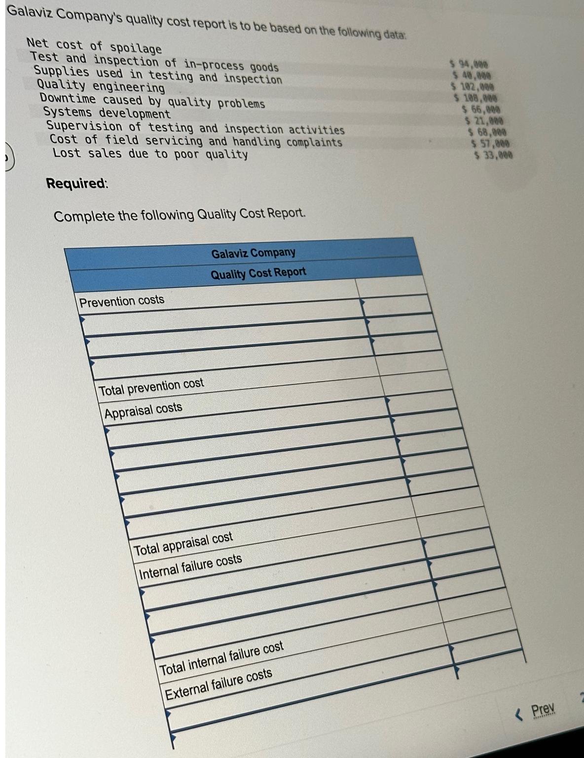 Solved Galaviz Company's quality cost report is to be based | Chegg.com