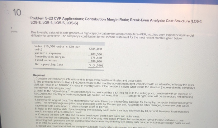 Solved 10 Problem 5-22 CVP Applications: Contribution Margin | Chegg.com