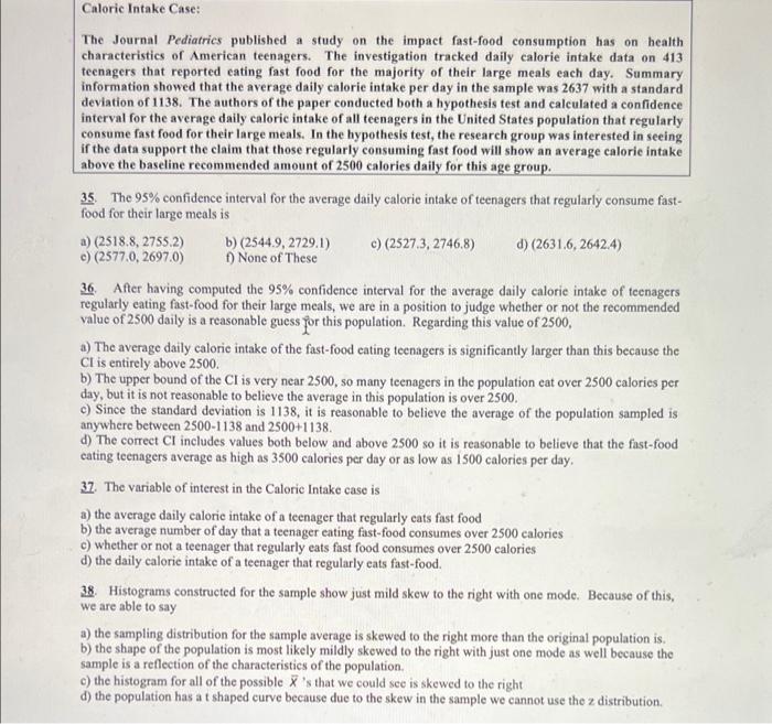 Solved Caloric Intake Case: The Journal Pediatrics published | Chegg.com