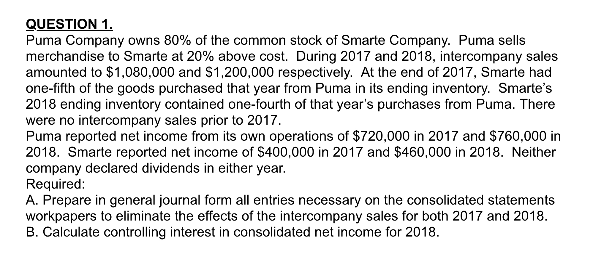 Solved QUESTION 1.Puma Company owns 80% ﻿of the common stock | Chegg.com