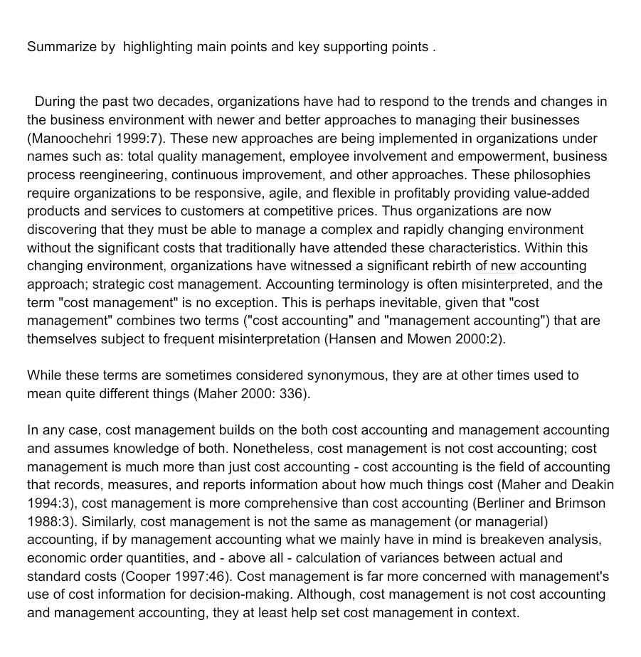 Solved Summarize by highlighting main points and key | Chegg.com