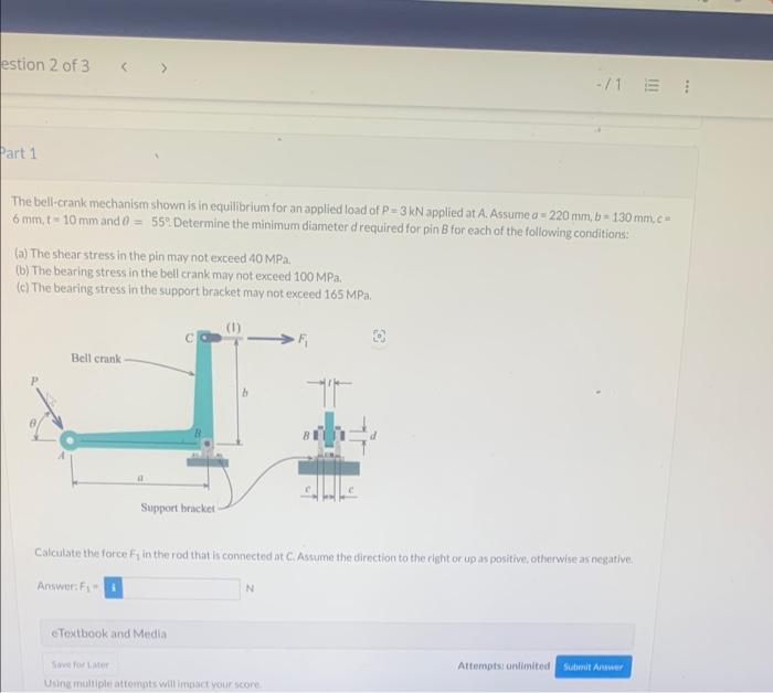 Solved The bell-crank mechanism shown is in equilibrium for | Chegg.com