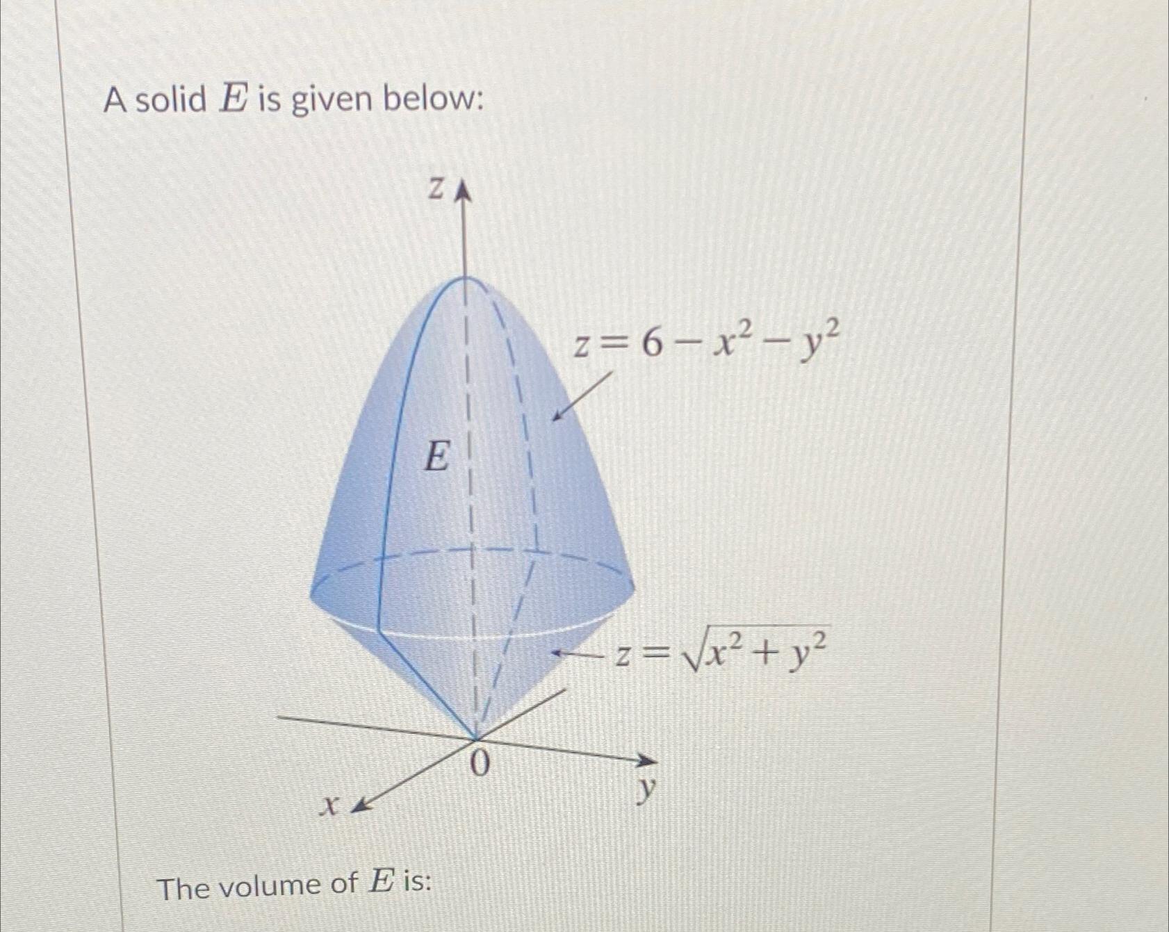 Solved A solid E ﻿is given below:The volume of E ﻿Is: | Chegg.com