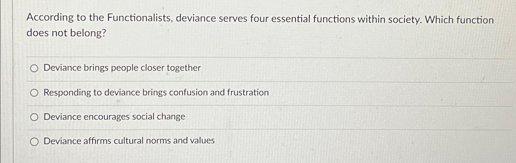 Solved According to the Functionalists, deviance serves four | Chegg.com