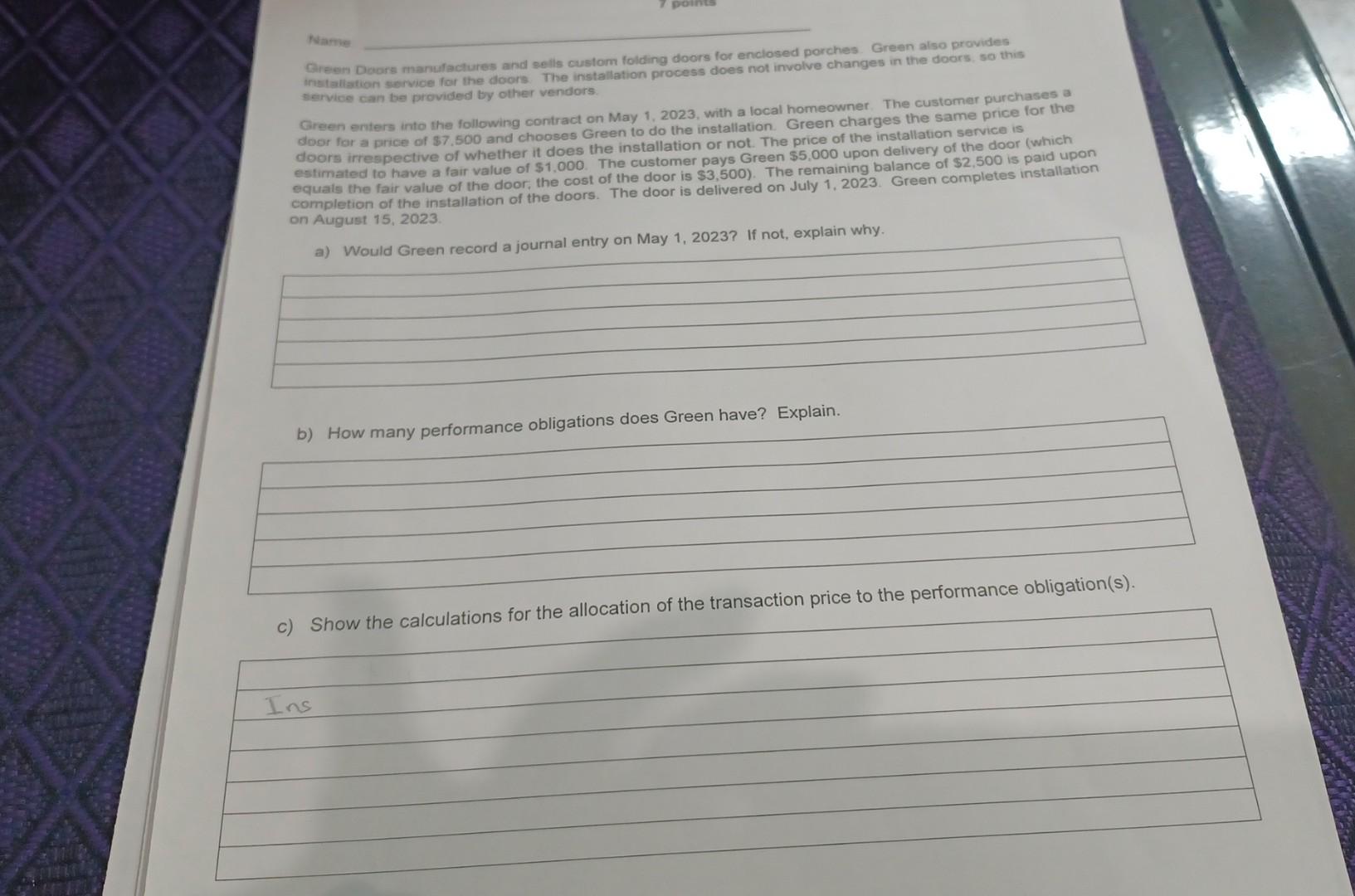 Solved Name Bireen Daors manufactures and selis custom | Chegg.com