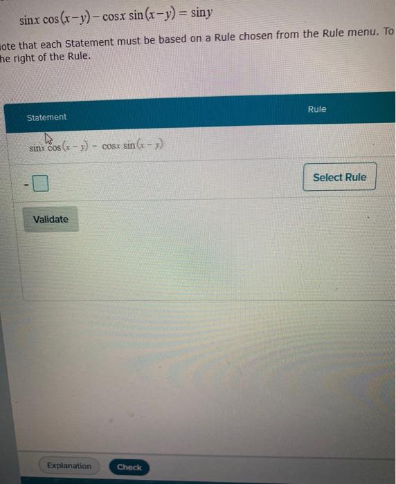 Solved sinx cos(x-y)- cosx sin(x - y) = siny ote that each | Chegg.com