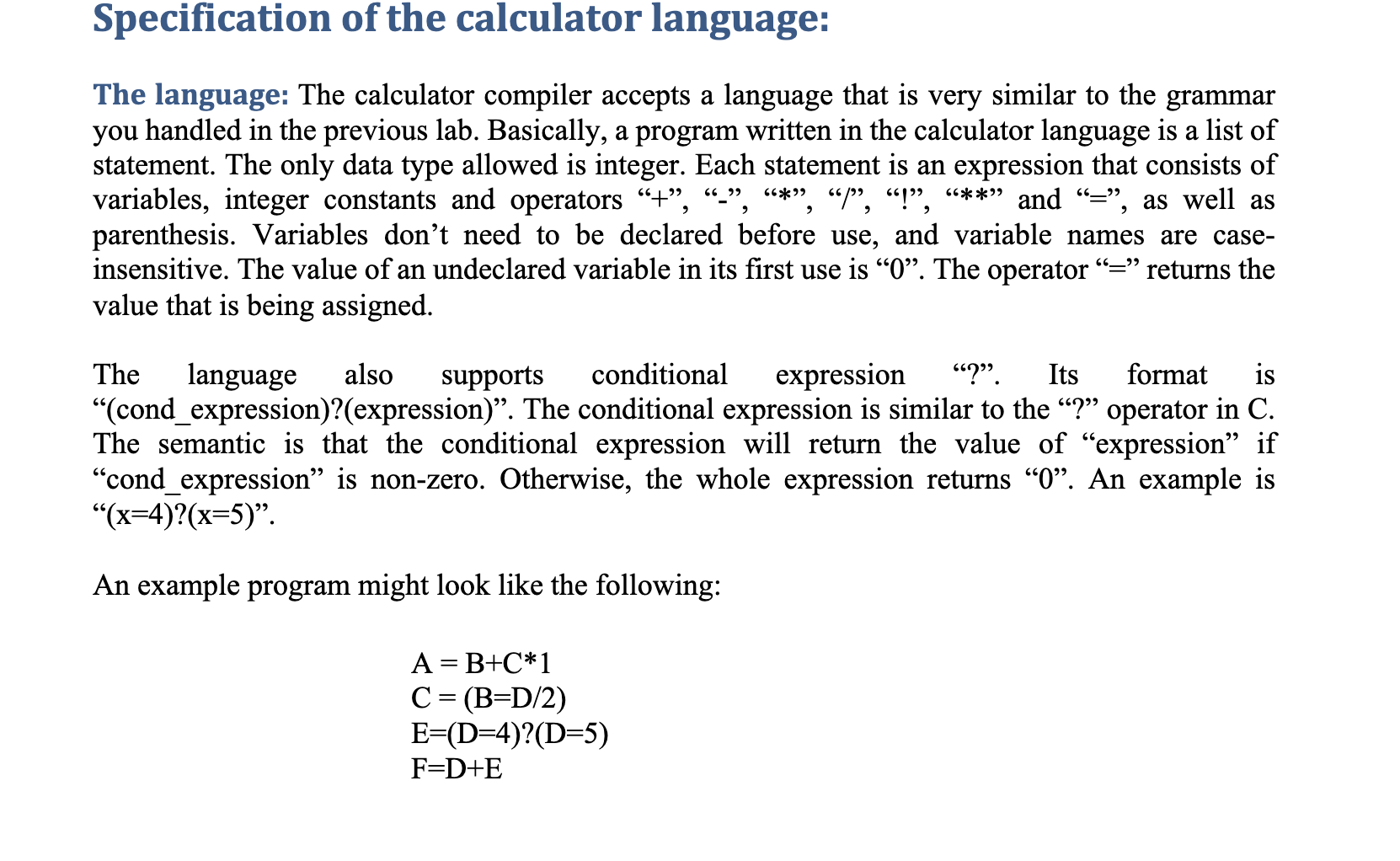 Solved Specification of the calculator language:The | Chegg.com