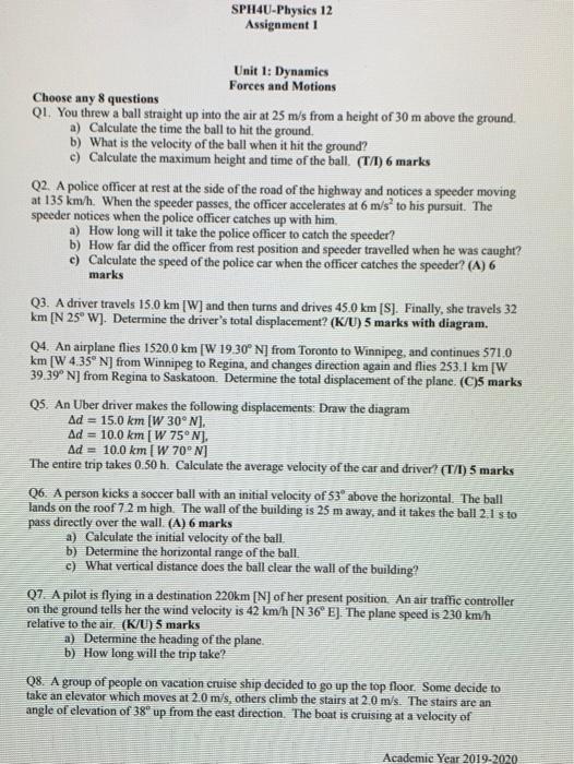 Solved SPH4U-Physics 12 Assignment 1 Unit 1: Dynamics Forees | Chegg.com