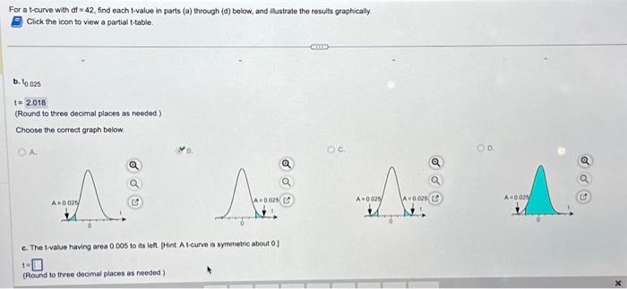 For a t-curve with of =42, find each t-value in parts | Chegg.com