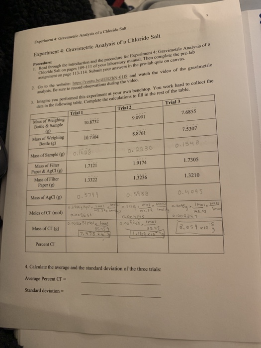 Experiment 4: Gravimetric Analysis of a Chloride Sale | Chegg.com