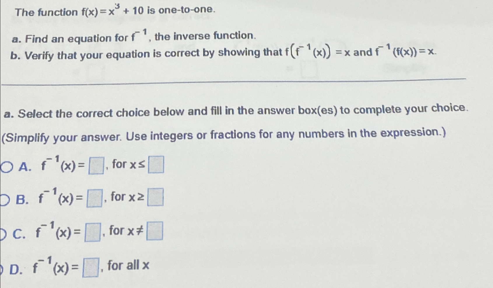 Solved The Function F X X3 10 ﻿is One To One A ﻿find An