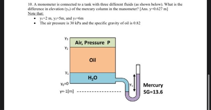 Solved 10. A monometer is connected to a tank with three | Chegg.com