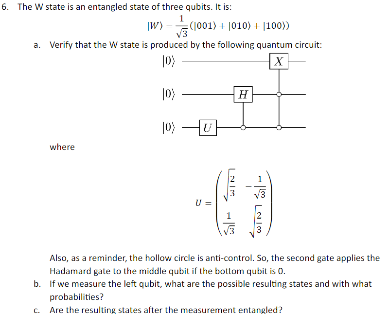 Solved The W ﻿state is an entangled state of three qubits. | Chegg.com