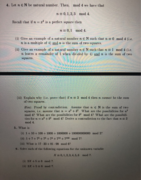 Solved 4. Let n e N be natural number. Then, mod 4 we have | Chegg.com