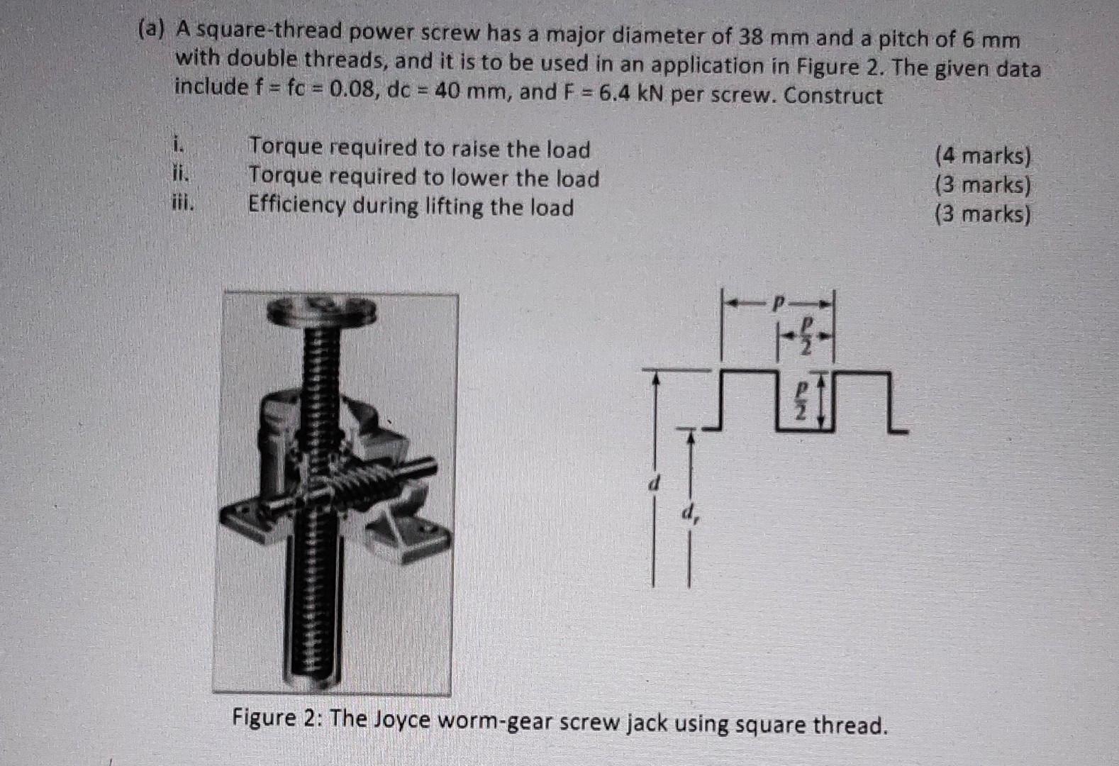 Solved (a) A square-thread power screw has a major diameter | Chegg.com